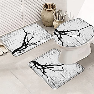 Apular Fashion 3 Piece Bath Rugs Set Tree Branch Black White Vintage Wood Grain Non Slip Ultra Soft Bathroom Accessories Mats, U Shape Mat and Toilet Lid Cover Mat Bath Mats