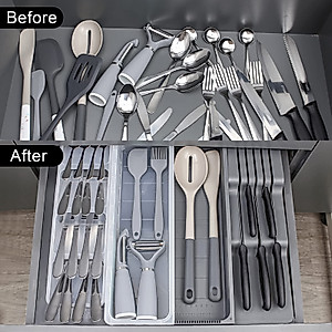 Expandable Kitchen Drawer Organizer, Silverware Organizer/Utensil Organizer For Kitchen Drawers, Silverware Holder Tray For Drawer, Space Saving Cutlery Organizer For Knives, Spoons & Forks, Gray