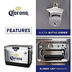 Corona Ice Chest Beverage Cooler with Bottle Opener, 51L (54 qt), 85 Can stainless steel Portable Cooler, Silver and Black, for Camping, Beach, RV, BBQs, Tailgating, Fishing