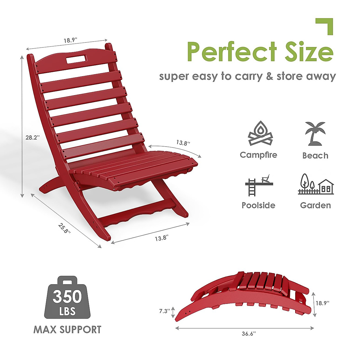 GREENVINES Folding-Xavier-Chairs Set of 4 | Wave | Portable Adirondack-Chair | HDPE Plastic | All Weather Fire-Pit Chair | Red | for Beach Outdoor Deck Poolside Garden Patio Porch Fishing