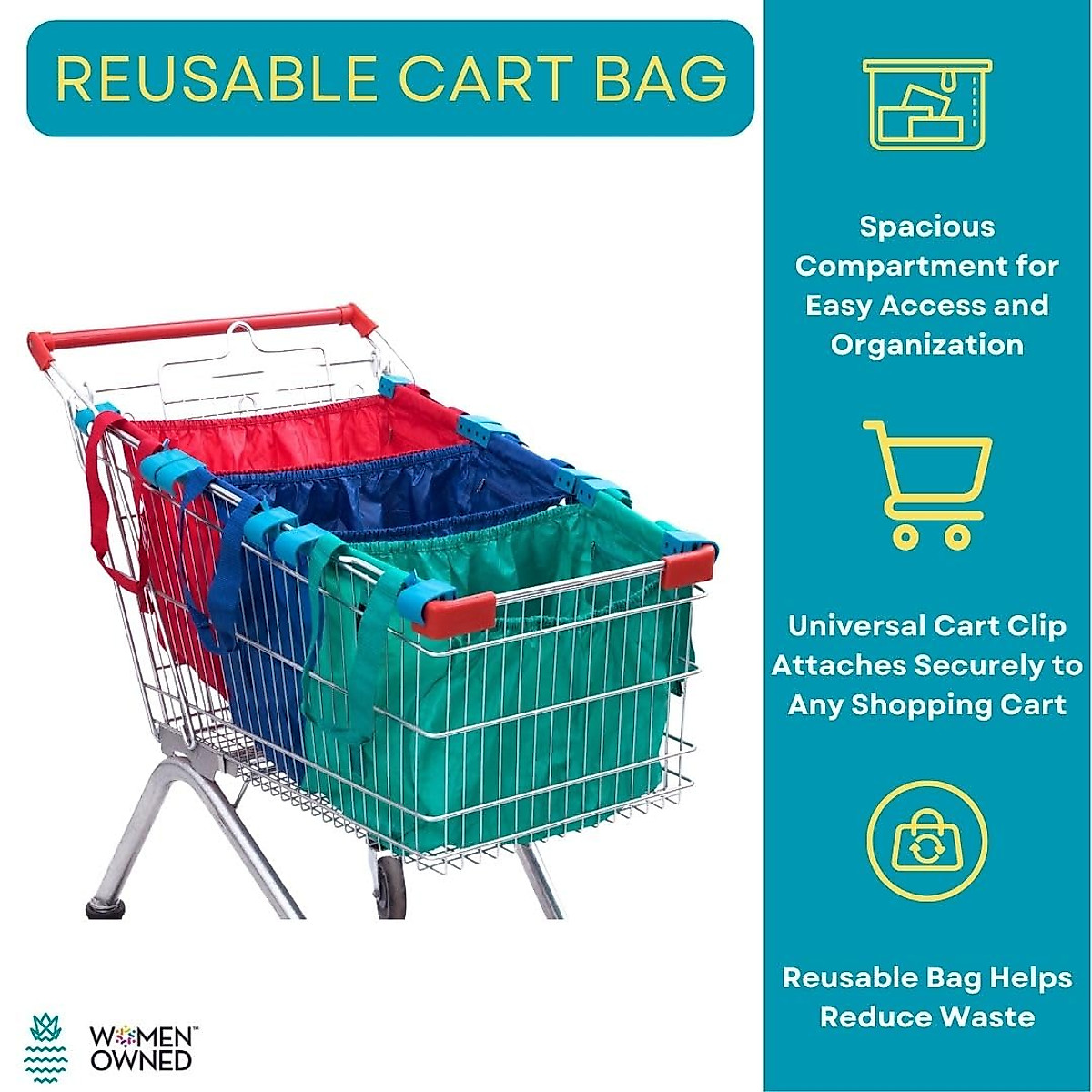 Handy Sandy Reusable Shopping Cart Bags (Set of 3), Foldable, Washable Grocery Bags, Multi-use Tote Bags Red