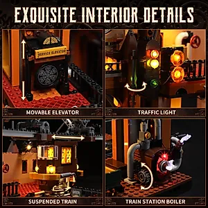 FUNWHOLE Train-Station Lighting Building Bricks Set - Steampunk LED Light Building Set 1843 Pieces for Adults and Teens