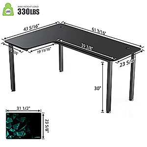 It's_Organized L Shaped Computer Desk, 60 Inch Corner Gaming Desk, Study Writing Desk, Modern Gaming Table Workstation with Large Mouse Pad, Sturdy Metal Frame, Easy to Assemble, Left Side Black