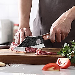 Purple Dragon Meat Cleaver Boning Knife Hand Forged Butcher Chef Knife Fillet Knife High Carbon Steel Full Tang with Leather Sheath Outdoor Knife for Kitchen Camping BBQ