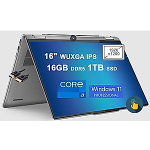 Lenovo Yoga 7i 16 2-in-1 Laptop | 16" WUXGA IPS Multi-Touch (300 nits) | 13th Gen Intel 10-Core i7-1355U | 16GB DDR5 1TB SSD | Backlit Fingerprint Thunderbolt HDMI Win11Pro Gray + HDMI Cable