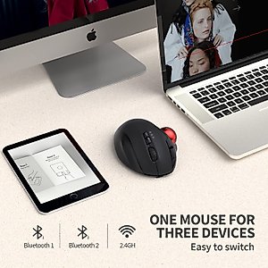 KKUOD 2.4G+Dual Bluetooth Wireless Trackball Mouse, 3-Device Connection Ergonomic Mouse, Rechargeable Ergo Mouse with USB-C Port and 3 DPI, Thumb-Operated Mouse for PC Computer Laptop Tablet