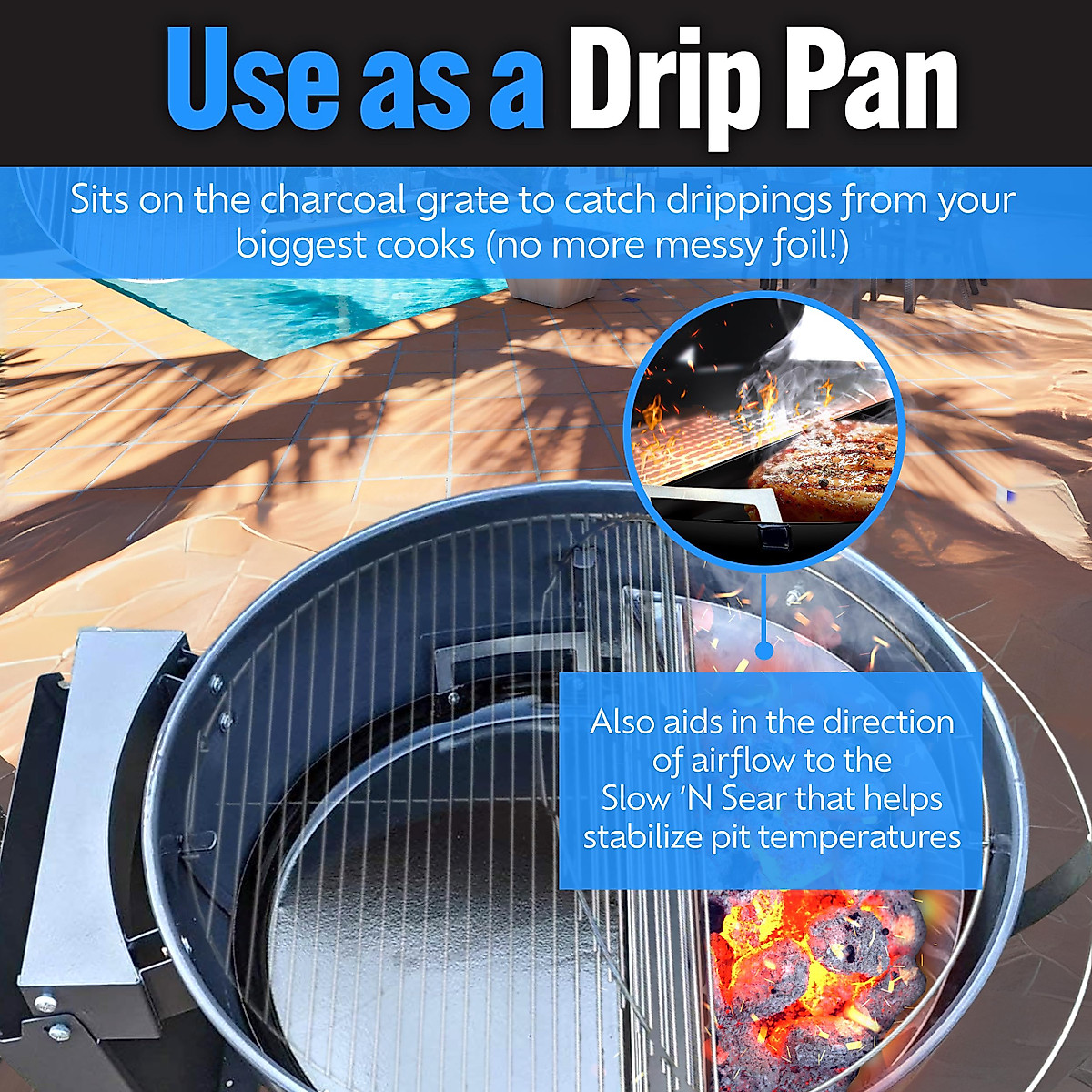 SnS Grills Slow ‘N Sear Porcelain Drip 'n Roast Pan for Kettle Grilling, All-in-One Carbon Steel with Black Porcelain Coating Drip and Roast Accessory - 22” Grill Fit