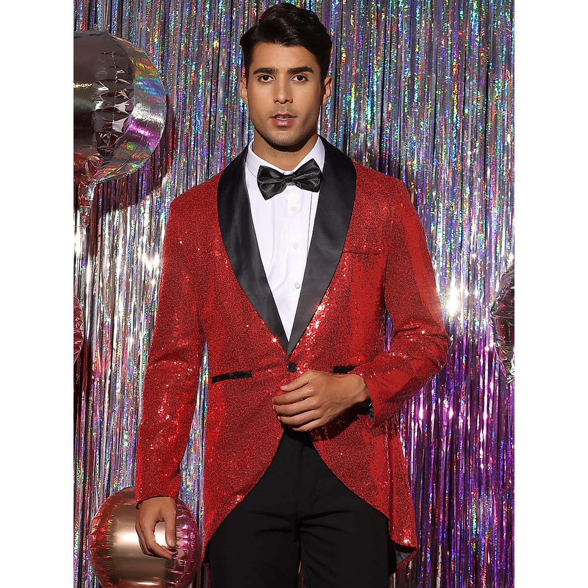 Lars Amadeus Red Sequin Tailcoat for Men's Shawl Lapel Shiny Sparkly Party Disco Wedding Tuxedo 3X-Large