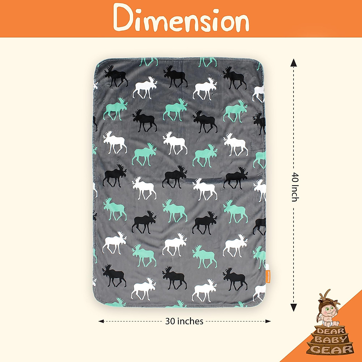 Dear Baby Gear - Premium Car Seat Baby Blanket - Soft Swaddle Blanket for Baby Girls and Boys, Plush Blankets - Adorable Designs, Comfortable Fabric - White Gray and Mint, Moose(40 x 30 inches)