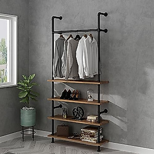 LANJIN Industrial Pipe Clothing Rack,Clothes Rack for Wardrobe, Bedroom and As Walk-in Closet System.Sturdy Clothing Racks for Hanging Clothes,Wall Mounted Heavy Duty Clothes Rack,Black C
