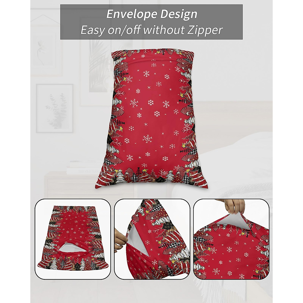 Red Christmas Tree Pillowcases Queen Size,2 Packs Soft Bed Throw Pillow Covers Decorative Sofa Couch Long Body Lumbar Bolster Cushion Case Envelope Closure,Snowflake Star Lattice Polka Dots 20" x30