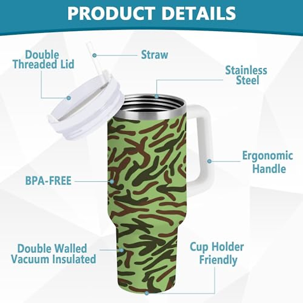 RPLIFE Camouflage Green 40 Oz Tumbler with Handle and Straw, Stainless Steel Tumbler with Straw, Coffee Tumbler