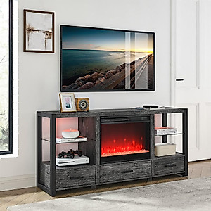 Fireplace TV Stand for TVs up to 70" TV,Farmhouse Entertainment Center with Sync Colorful LED Lights,Large Media Console Storage Cabinet Television Stands Credenza for Living Room, Bedroom,Dark Oak