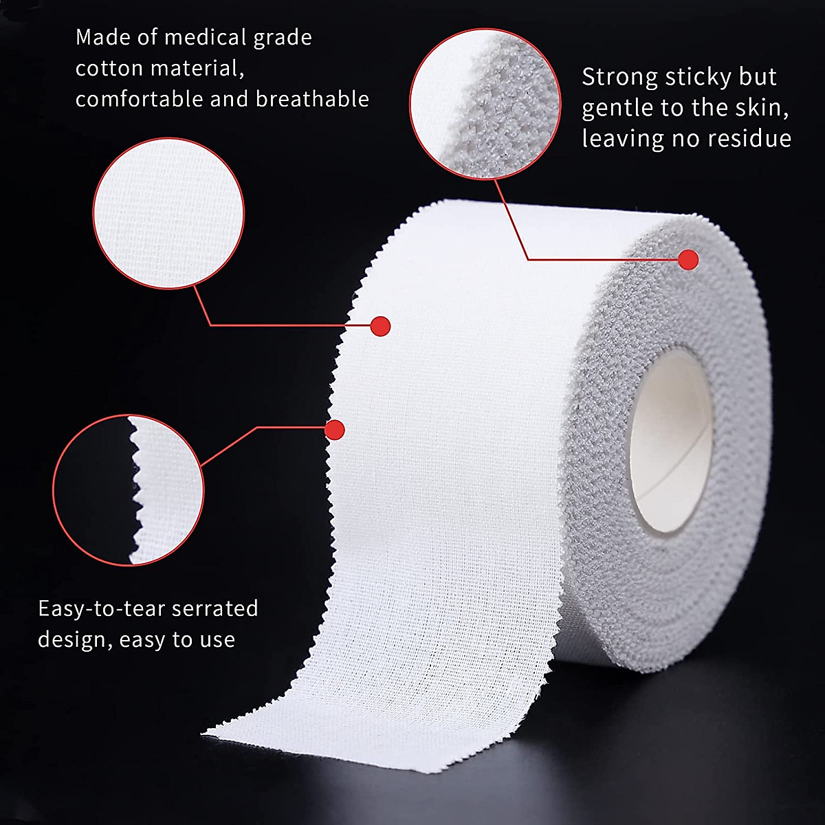 White Athletic Sports Tape 45ft-Very Strong Easy Tear NO Sticky Residue for Athlete & Medical Trainers & First Aid Injury Wrap,Perfect for Fingers Ankles Wrist on Bat, Hockey Stick (6 Rolls)