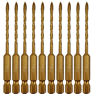 Hymnorq 1/8 Inch Masonry Drill Bits 10pc Pack, 4 Edges YG6X Carbide Tipped Cross Spear Head, 1/4 Hex Shank, Titanium Coated Surface, Multi-Purpose for Glass Tile Concrete Wood Ceramic Brick Marble