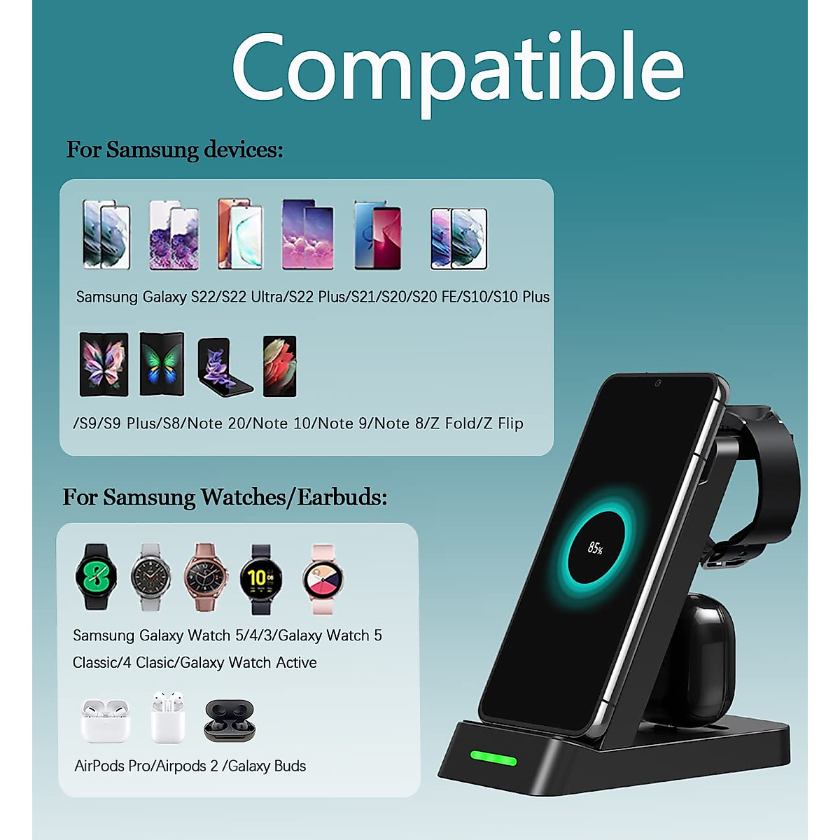 3 in 1 Charging Station for Samsung, Fast Wireless Charger Station Compatible with Samsung Galaxy S22 Ultra/Z Flip/Z Fold/S21/S20/S10, Wireless Charger Stand for Galaxy Watch 4/3/Active2, Buds+/Live