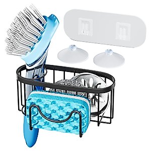 HapiRm Sponge Holder for Kitchen Sink with Unique M-Shaped, Two Installation Ways Kitchen Sink Caddy with Brush Holder, Kitchen Sink Organizer for Sponge, Brush, Sink Stopper-Black