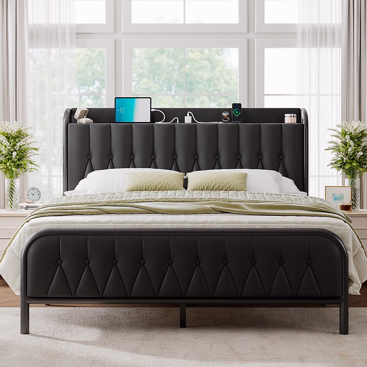 Feonase Leather Queen Bed Frame with Fast Charging Station,Queen Size Metal Platform Beds with Upholstered Headboard & Footboard,12" Underbed Storage Space,Easy Assembly,Noise-Free,Black