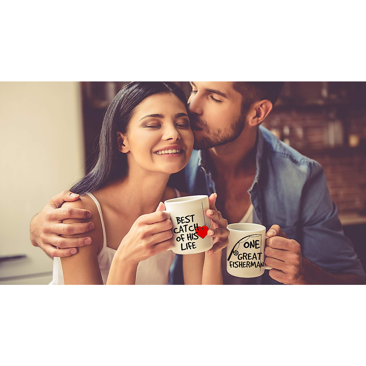 AW Fashions One Great Fisherman, Best Catch Of His Life Couples Mug - Funny Couple Mug - (2) 11OZ Coffee Mug - Funny Mug Gift Set - Mugs For Husband and Wife - Him And Her Gifts