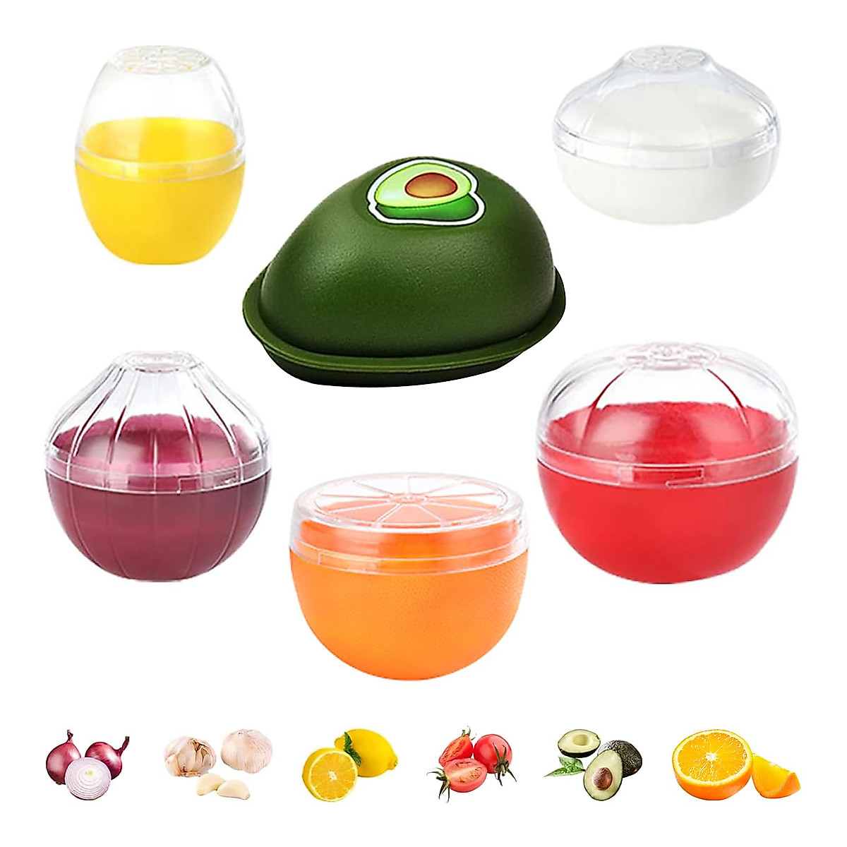 HMIEPRS 6 PCS Fruit and Vegetable Storage Containers, Reusable Storage Keeper, Lemon Orange Avocado Onion Garlic Tomato Shaped Saver Holder for Fridge, Refrigerator Crisper for Fruit and Vegetable