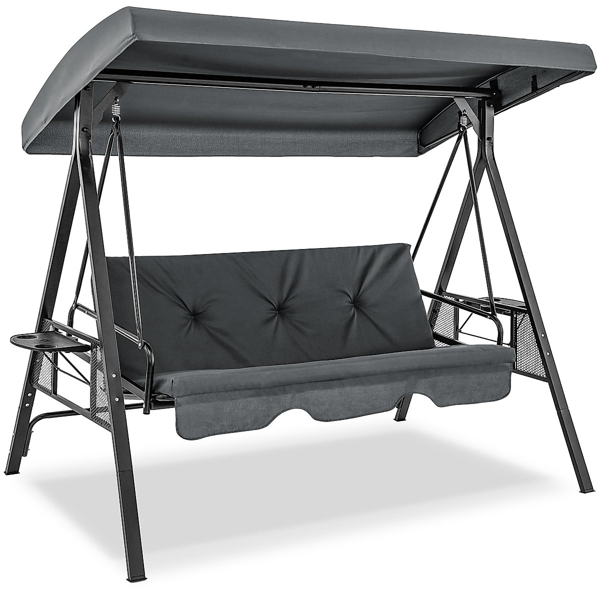 Tangkula 3 Person Porch Swing, 2-in-1 Convertible Patio Swing Bed with Adjustable Canopy, 2 Cup Holder Table, Soft Seat & Back Cushions, Outdoor Swing for Backyard, Garden, 1000 lbs Max Load (Grey)