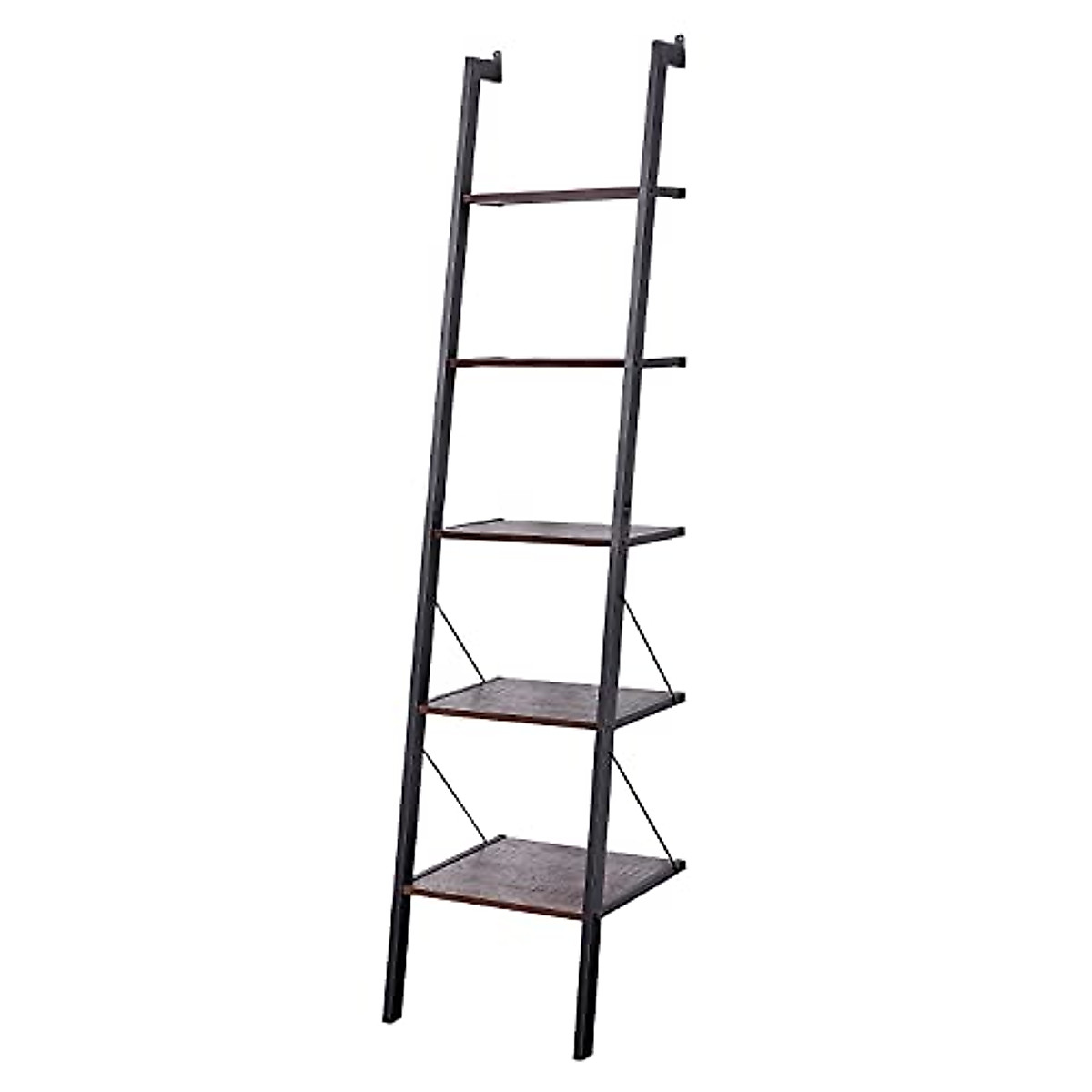RAAMZO 5-Tier Industrial Leaning Ladder Wall Bookshelf Bookcase Display Storage Rack Accent in Walnut Finish and Black Frame - 75-inch Height