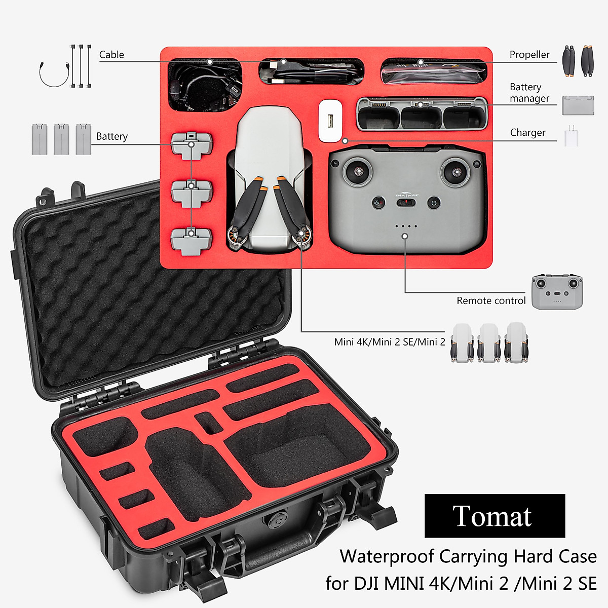 Tomat Mini 4K Case Waterproof Hard Carrying Case for DJI MINI 4K/Mini 2 /Mini 2 SE Fly More Combo Accessories