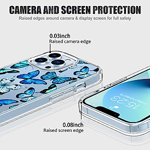 LUHOURI Designed for iPhone 13 Pro Max Case with Screen Protector - Crystal Acrylic Clear for Women and Girls - Slim Fit Protective Phone Cover 6.7" - Floral Blue Butterflies