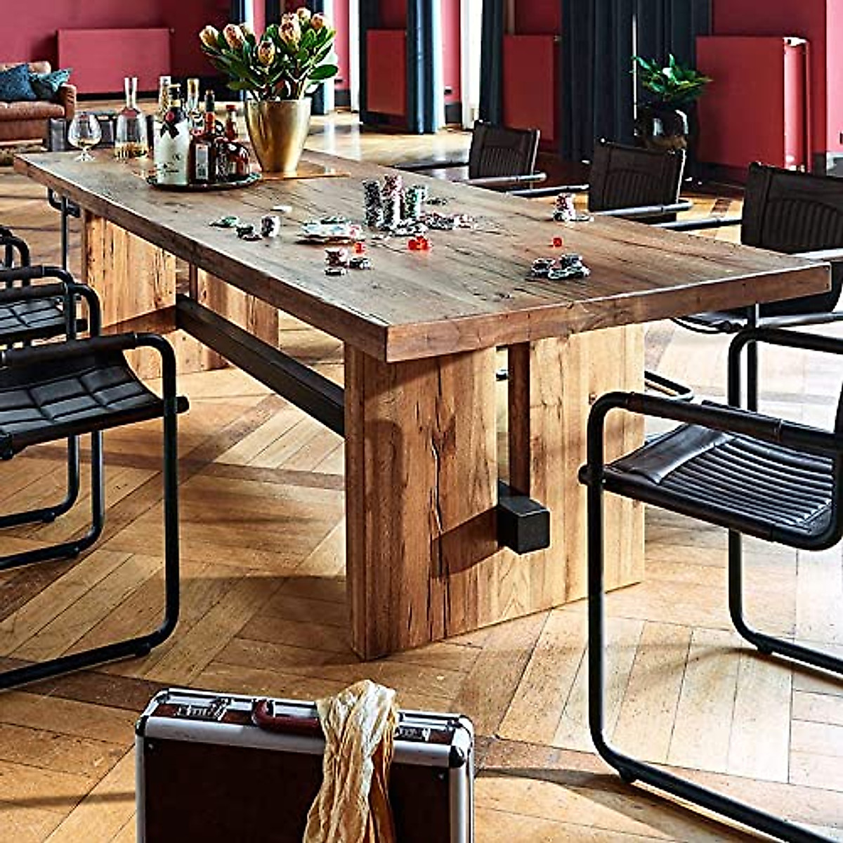 LAKIQ Farmhouse Solid Wood Brown Dining Table Minimalist Rectangle Kitchen Dining Table with Trestle Base Conference Table Desk for Dining Room Living Room-Table Only (55.1" L x 27.6" W x 29.5" H)