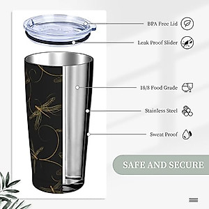 20oz Tumbler Golden Dragonfly Double Wall Vacuum Insulated Coffee Mug with Lid and Metal Straw Brush Reusable Stainless Steel Water Bottle Travel Cup Gifts for Car Ice Drinks Hot Beverage