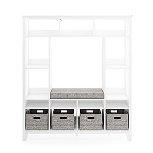 Martha Stewart Kids' Storage System - Creamy White: Wood Bookshelf Cubby with Seat Cushion, Shelves and Storage Bins; Reading Nook Bookcase and Kids Room Storage Bench