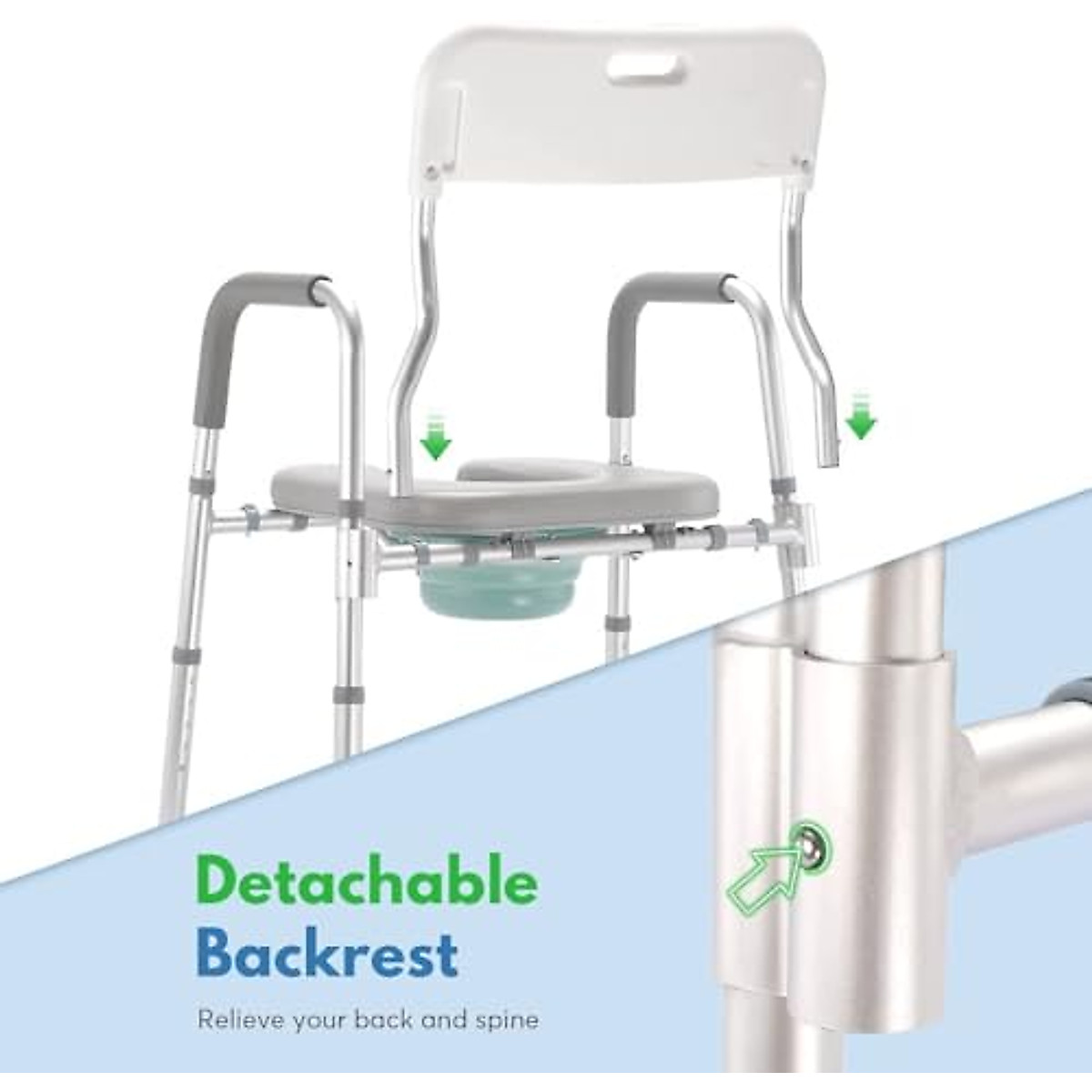 4-in-1 Raised Toilet Seat with Handles and Back, Medical Bedside Commode Chair, Adjustable Toilet Safety Frame, Shower Chair for Seniors, Elderly, Handicap, Pregnant，Collapsible Basin Included