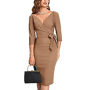 MUXXN Ladies Retro Cut Out Neck Elbow Sleeves Graduation Party Pencil Dress (Camel L)