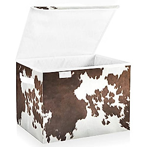 Decorative Storage Bins for Closet, Western Cow Skin Texture Collapsible Storage Baskets with Lids and Handles for Shelves Closet Home Decor