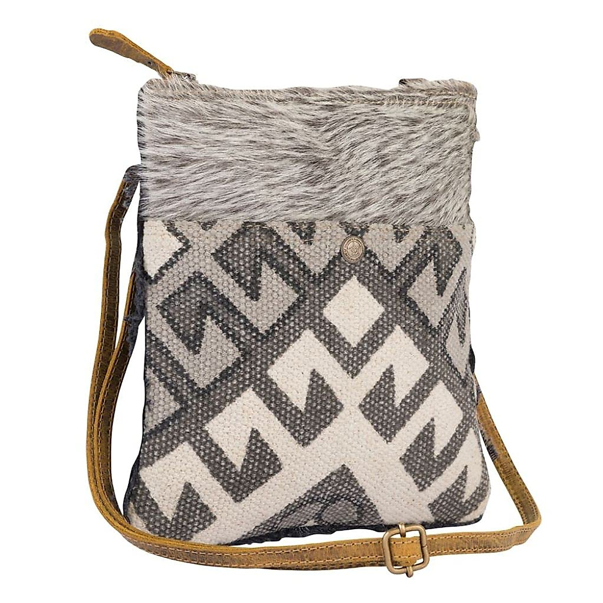 Myra Bag Crisscross Fanrtasy Small & Crossbody Bag Upcycled Canvas, Leather, Cowhide & Rug S-2196