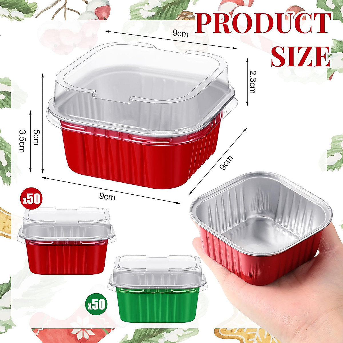 Suttmin 100 Pcs Christmas Aluminum Cups Foil Cupcake Container with Lids 5 oz Xmas Square Foil Pan Holder Mini Disposable Ramekins Cake for Xmas Party(Red, Green, Plain)