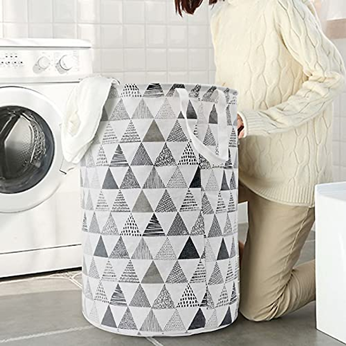 23“ Extra-Large Freestanding Laundry Basket with Lid Waterproof Foldable Laundry Canvas Hamper with Extended Handles(White Triangle)