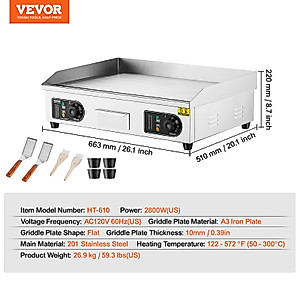 VEVOR Commercial Electric Griddle, 2800W Countertop Flat Top Grill, 26in Stainless Steel Griddle Grill with 2 Shovels and 2 Brushes for Home or Restaurant, 122℉-572 ℉ Adjustable Temp