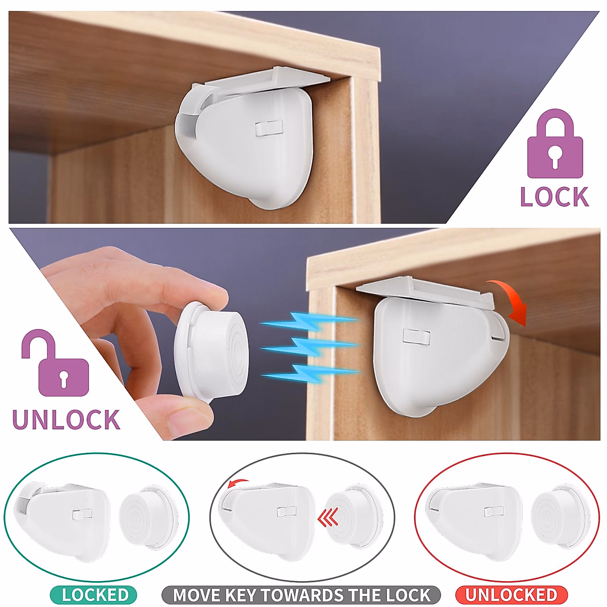 Child Safety Magnetic Cabinet Locks(10 Locks & 2 Keys), Baby Proofing Cupboard Drawers Latches, 3M Adhesive Easy Installation