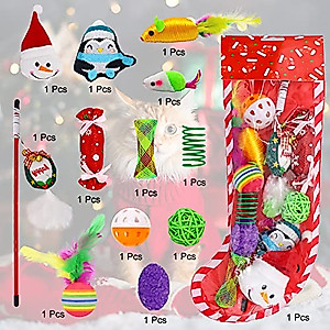 ZALALOVA Christmas Stocking Cats Toys Gifts Set, 12 Pcs Xmas Cat Toys Gifts Includes Interactive Toys Squeaky Toys, Balls Christmas Candy Bell Cat Teaser Penguin Santa Shape Toys for Small Pets