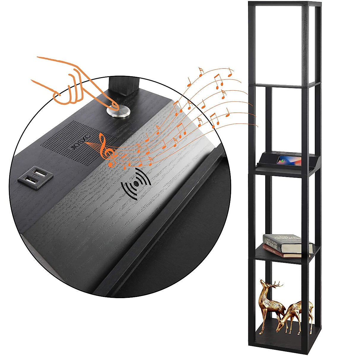 Touch Control Shelf Floor Lamp With QI Wireless Charging Station, Modern Dimmable LED Floor Lamps with Shelves, 2 Fast Charging USB Ports , Skinny Standing Floor Lamp for Living Room, Bedroom (Black)