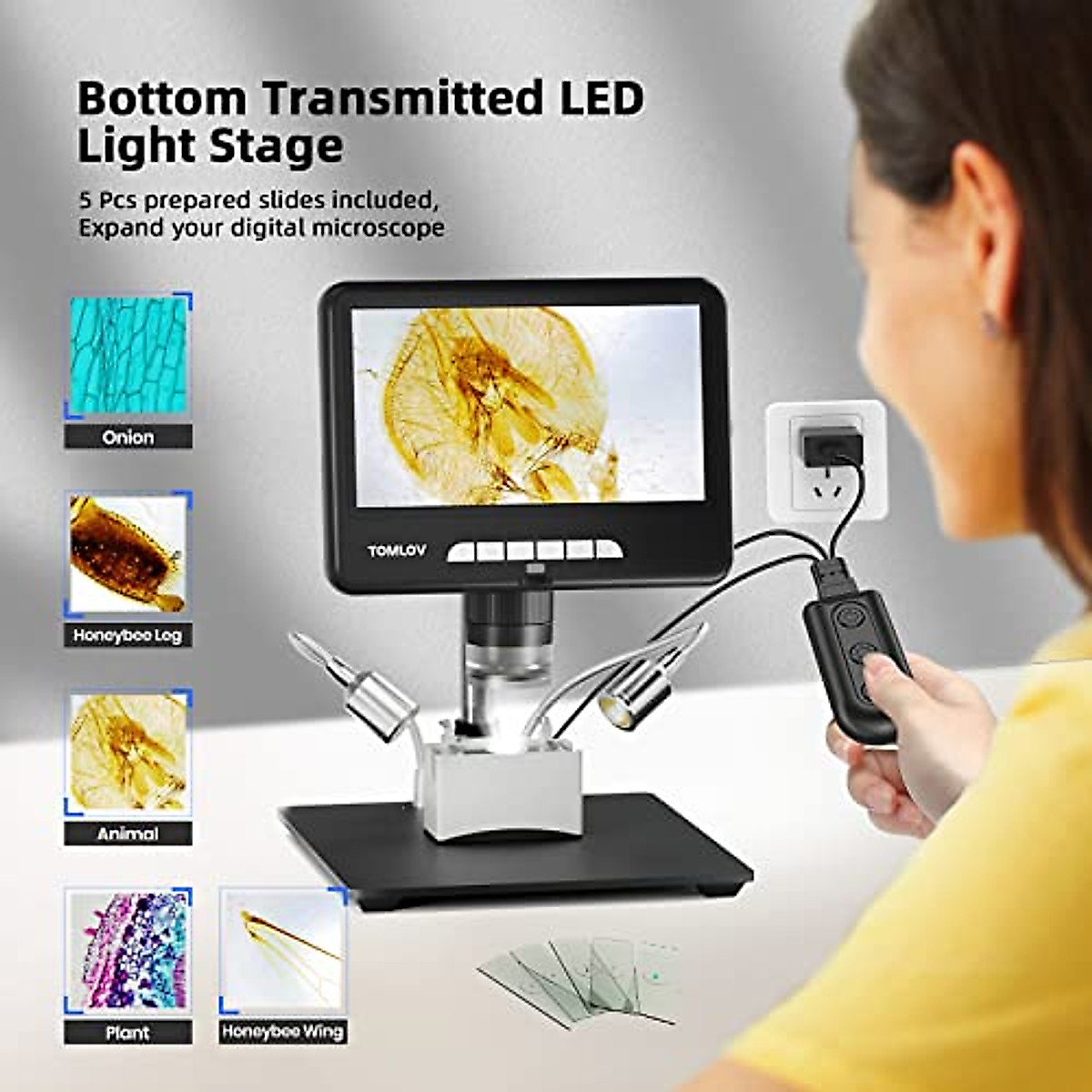 TOMLOV DM401 Pro 2K Digital Microscope 1200x, Extension Tube ET02, 7 inch HDMI LCD Microscope, Buttom LED Light Stage Included,24MP Coin Microscope with Screen,PC/TV Compatible，32GB
