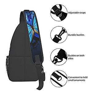 SURERUIM Blue Butterfly Sling Bag Crossbody Shoulder Backpack Blue Butterfly with Pink Flowers on Black Background Aesthetic Art Print Chest Bag Cute Insect Print Travel Hiking Daypack for Men Women