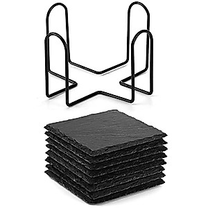 ZOOFOX 16 Pieces Drink Coasters, 4 Inch Square Slate Stone Coaster with 2 Holders, Handmade Coasters Set for Bar Kitchen Home Decor