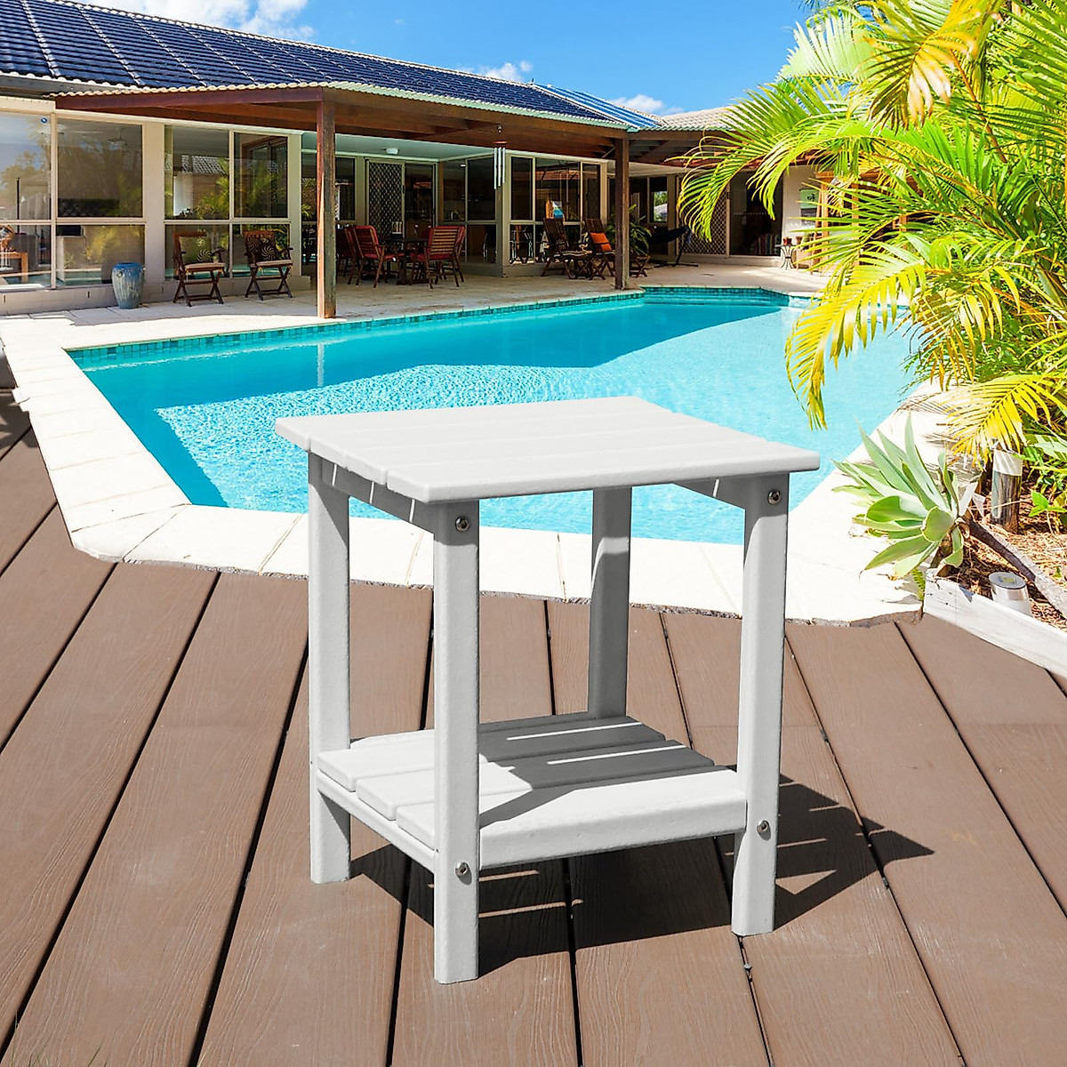 DAILYLIFE Outdoor Side Table, Adirondack Patio End Tables, Small Outdoor Coffee Table, HDPE Plastic End Table for Lawn, Garden, Beach, Pool, Balcony (White, Double Layer)