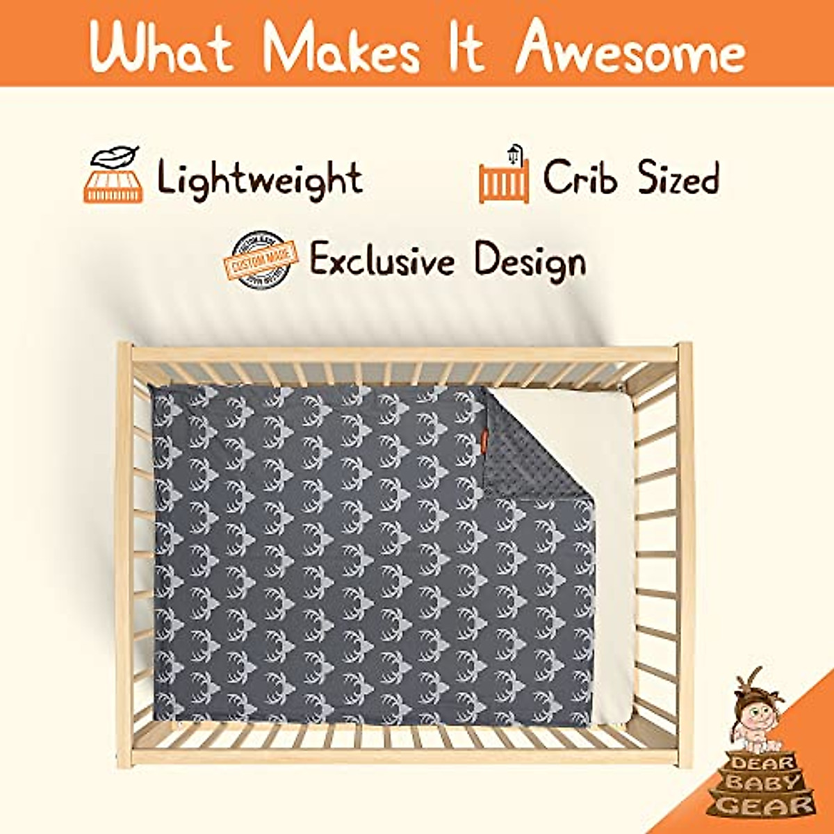 Dear Baby Gear Baby Blankets for Boys & Girls - Neutral Baby Blankets - Baby Girl Blanket & Baby Boy Blankets - Baby Blankets Unisex - Antlers Grey, Grey Blanket, No Ruffle 40x30 in