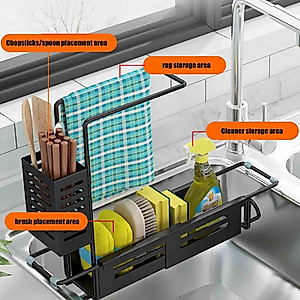 Telescopic Sink Storage Rack, Chopstick Holder, Rustproof Adjustable Kitchen Bath Organizers, for Kitchen Sponge, Sink Plug, Brush, Rag,Black