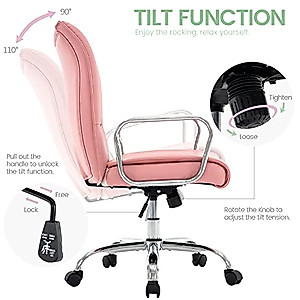 MFD LIVING Home Office Chair, Modern Upholstered Mid-Back PU Leather Task Desk Chair with Arms, Adjustable Rocking Swivel Computer Chair with Wheels (Pink)
