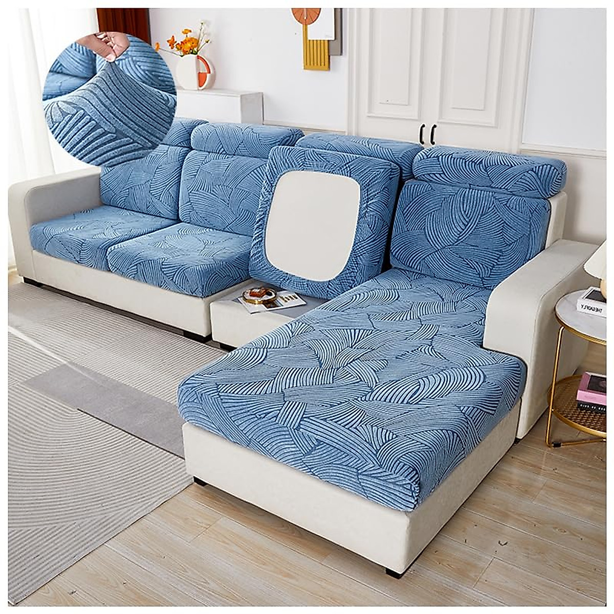 GORHLady Stretch Elastic Fabric Sofa Protector L-Shaped Slipcovers Corner L Shape Sectional Soft Stylish Couch Suitable Living Room Dogs Pets Furniture Protectors All Seasons 4-Seater Blue
