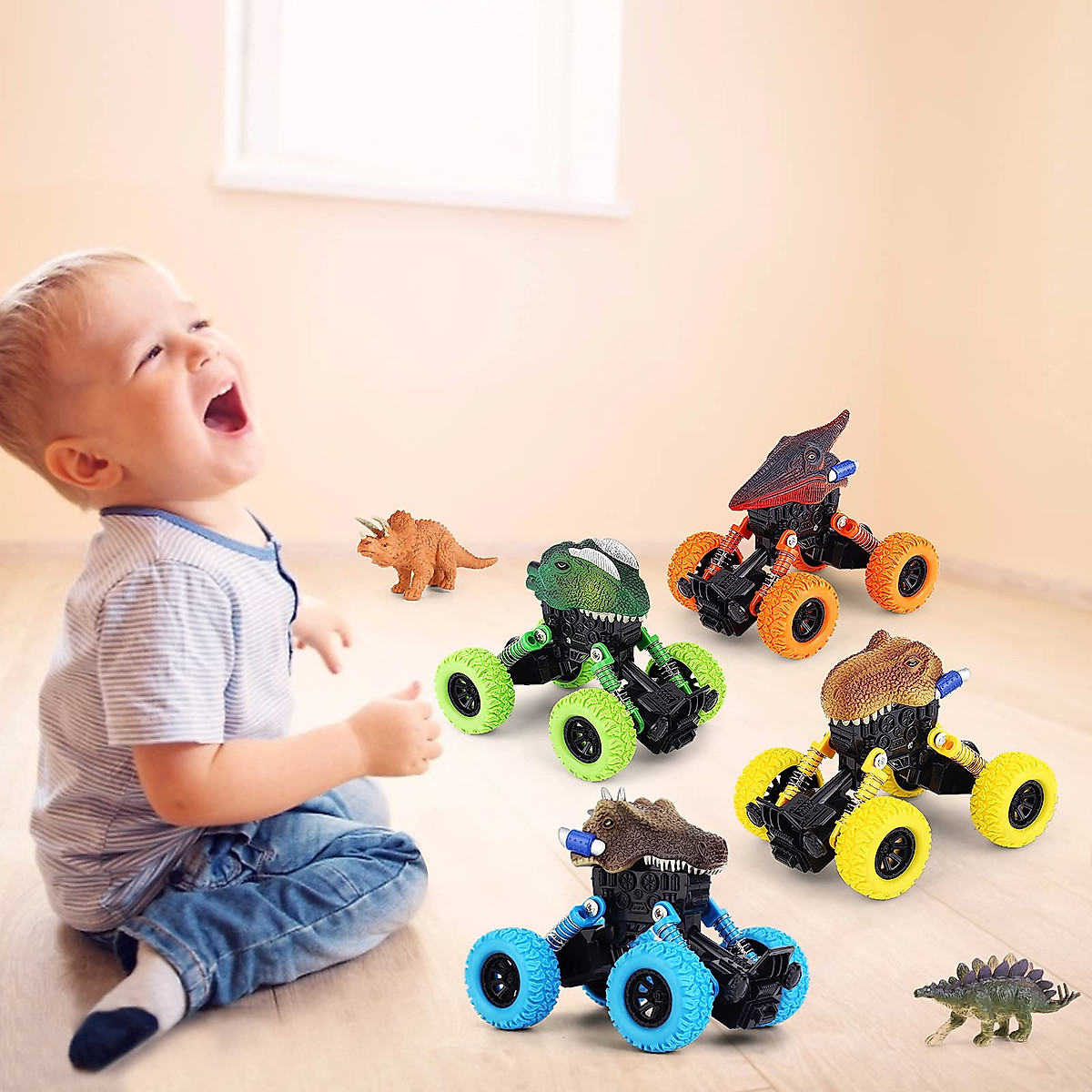 Yutin Dinosaur Car Toys for 2 3 4 5 Year Old Kids Boys, Dino Monster Trucks for Toddler, Pull Back Cars for Children Age 3-5 Christmas Birthday Gift